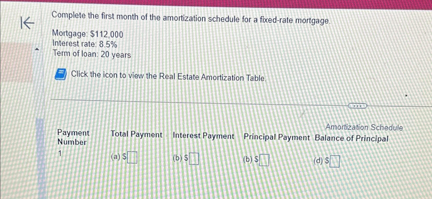 Solved Complete the first month of the amortization schedule | Chegg.com
