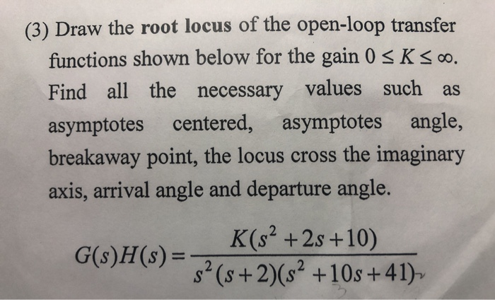 Solved (3) Draw the root locus of the open-loop transfer | Chegg.com