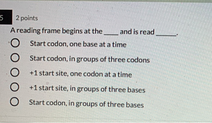 Solved 5 2 points Areading frame begins at the and is read | Chegg.com