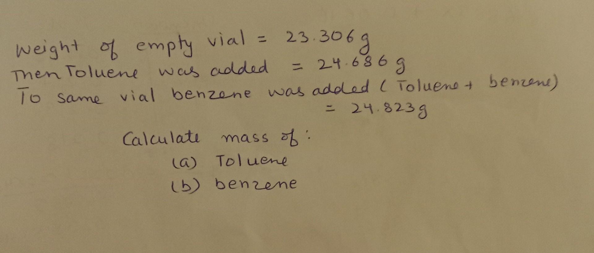 Solved Weight of empty vial =23.306 g Then Toluene was added | Chegg.com