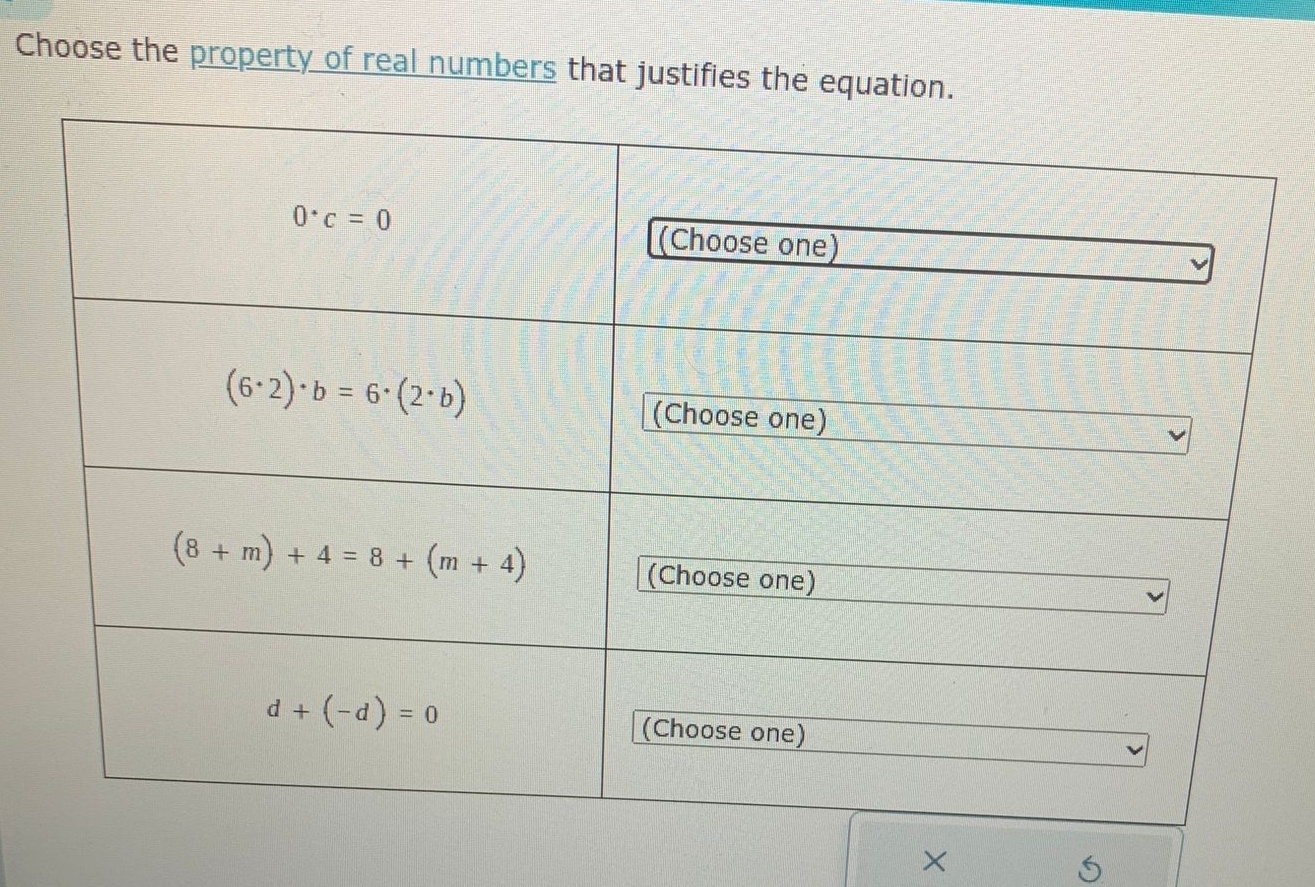 Solved Choose the property of real numbers that justifies | Chegg.com