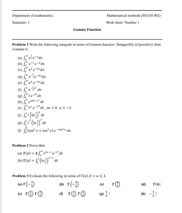 Solved Problem 1 Write the following integrals in terms of | Chegg.com