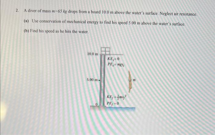 Solved A diver of mass m=65 kg drops from a board 10.0 m | Chegg.com