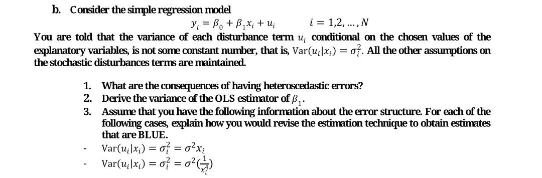 Solved b. Consider the simple regression model y; = B, +B,X: | Chegg.com