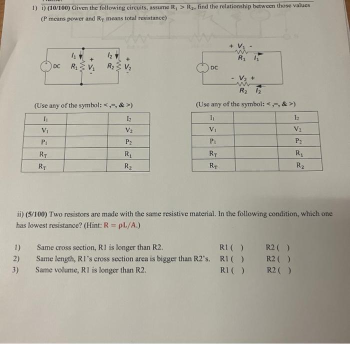 Solved 1) i) (10/100) Given the following circuits, assume | Chegg.com