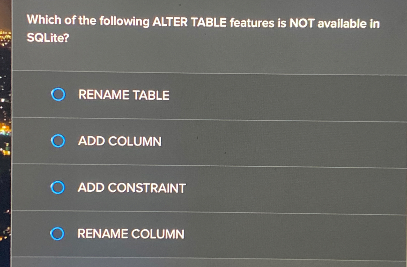 Solved Which of the following ALTER TABLE features is NOT | Chegg.com Solved Which of the following ALTER TABLE features is NOT | Chegg.com