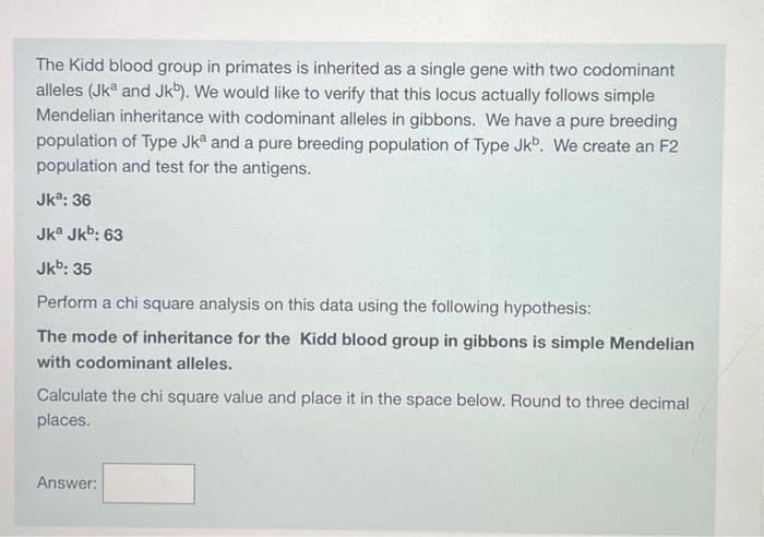 Solved The Kidd blood group in primates is inherited as a | Chegg.com