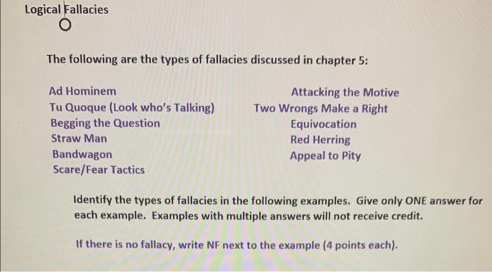 The following are the types of fallacies discussed in | Chegg.com