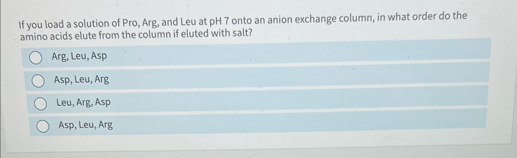 Solved If you load a solution of Pro, Arg, and Leu at pH7 | Chegg.com