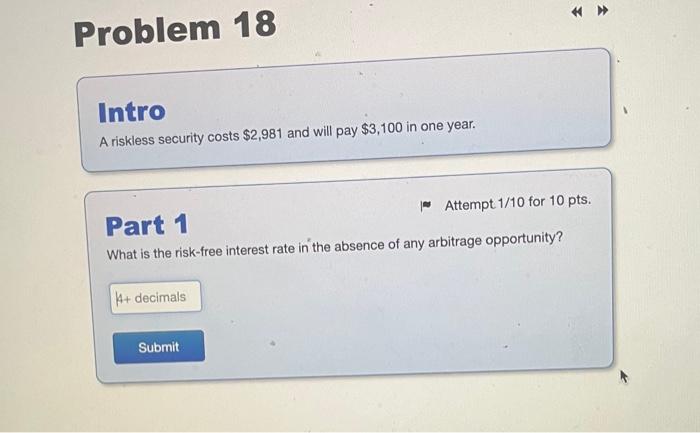 Solved Intro A riskless security costs $2,981 and will pay | Chegg.com