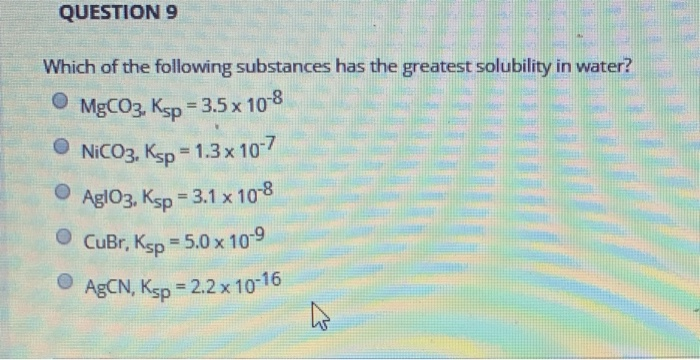 Solved QUESTION 9 Which of the following substances has the | Chegg.com
