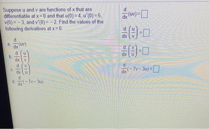 Solved d dx (uv) = [] Suppose u and v are functions of x | Chegg.com