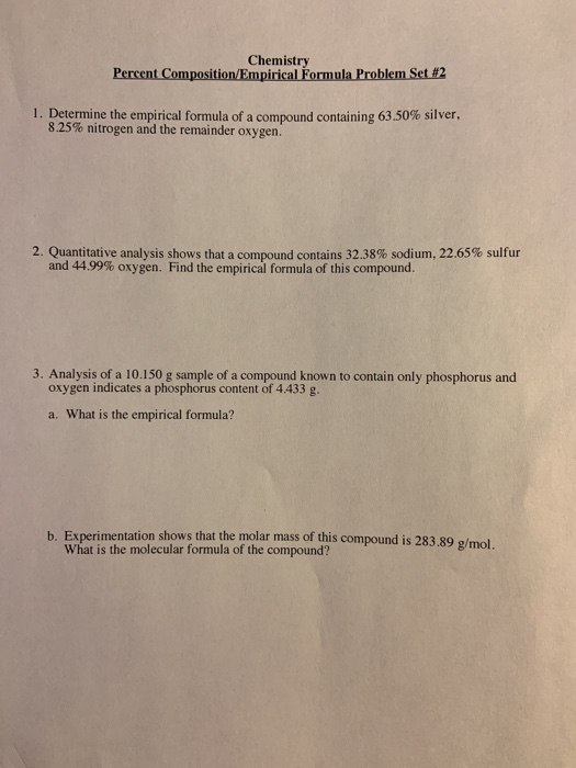 Solved Chemistry Percent Composition/Empirical Formula | Chegg.com