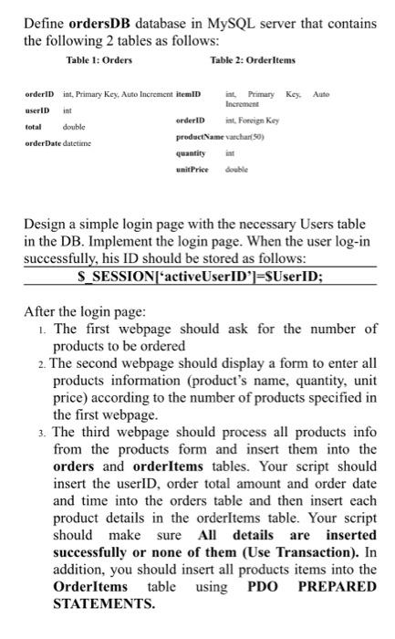 Define ordersDB database in MySQL server that | Chegg.com