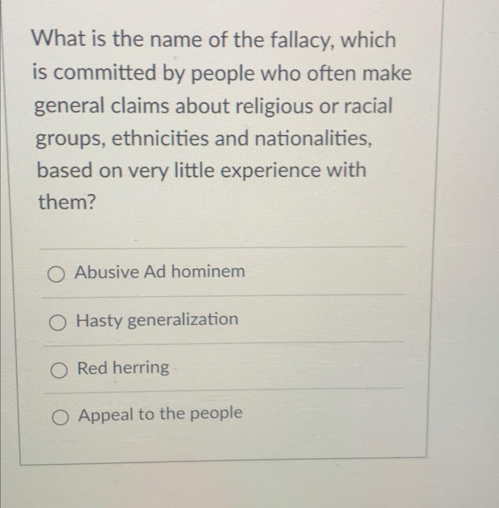 Solved What is the name of the fallacy, which is committed | Chegg.com