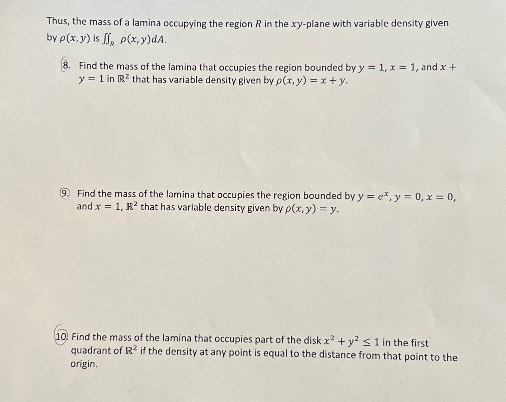 Solved Thus, the mass of a lamina occupying the region R ﻿in | Chegg.com