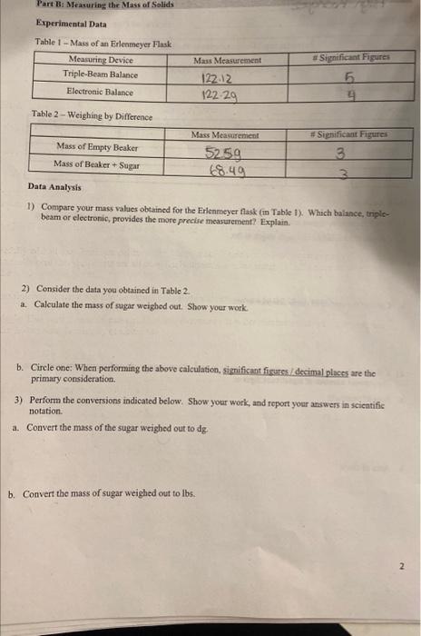 Solved Experimental Data Table 1 - Mass of an Erlenmeyer | Chegg.com