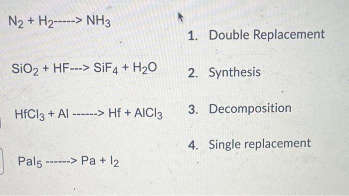 Solved N2+H2→NH3 1. Double Replacement SiO2+HF→−>SiF4+H2O 2. | Chegg.com