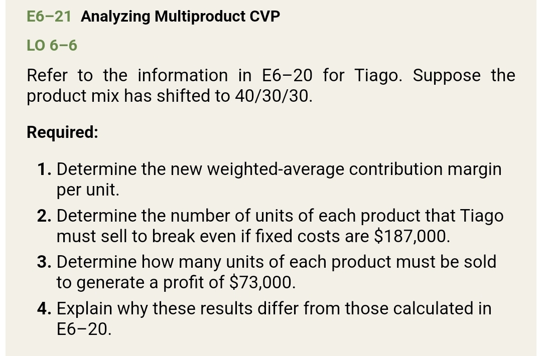 Solved E6-21 ﻿Analyzing Multiproduct CVPLO 6-6Refer to the | Chegg.com