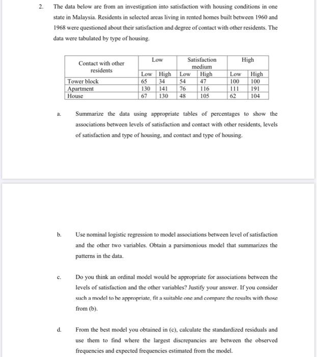 Solved 2. The data below are from an investigation into | Chegg.com