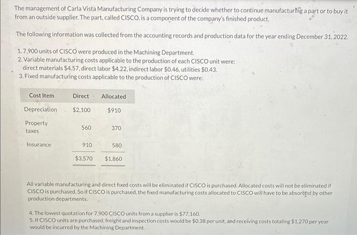 Solved The management of Carla Vista Manufacturing Company | Chegg.com