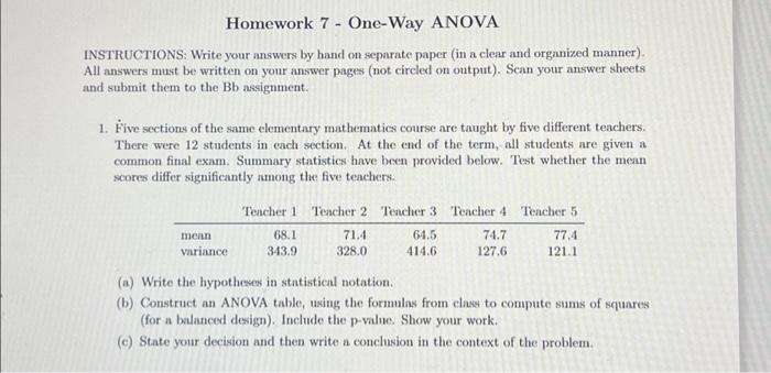 Solved Homework 7 - One-Way ANOVA INSTRUCTIONS: Write your | Chegg.com