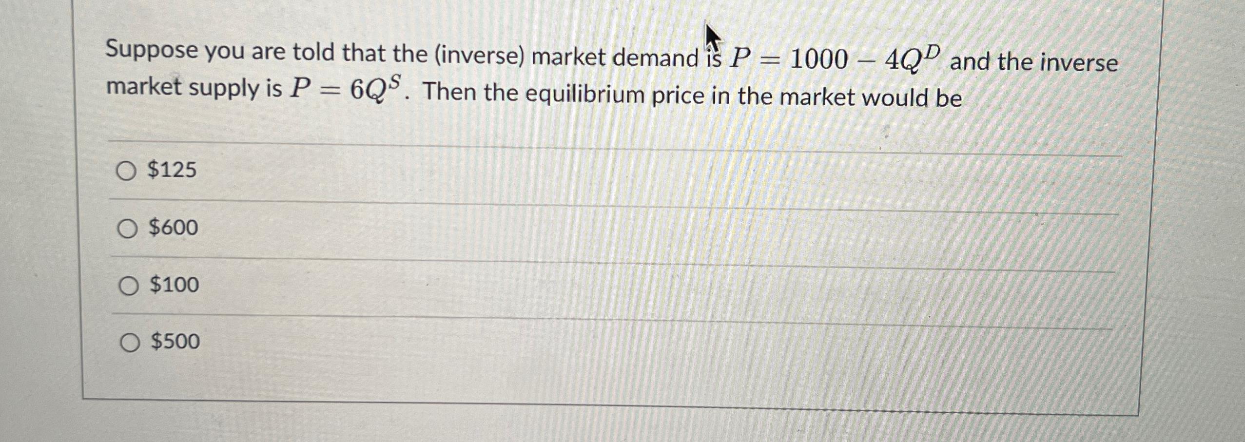 Solved Suppose you are told that the (inverse) ﻿market | Chegg.com