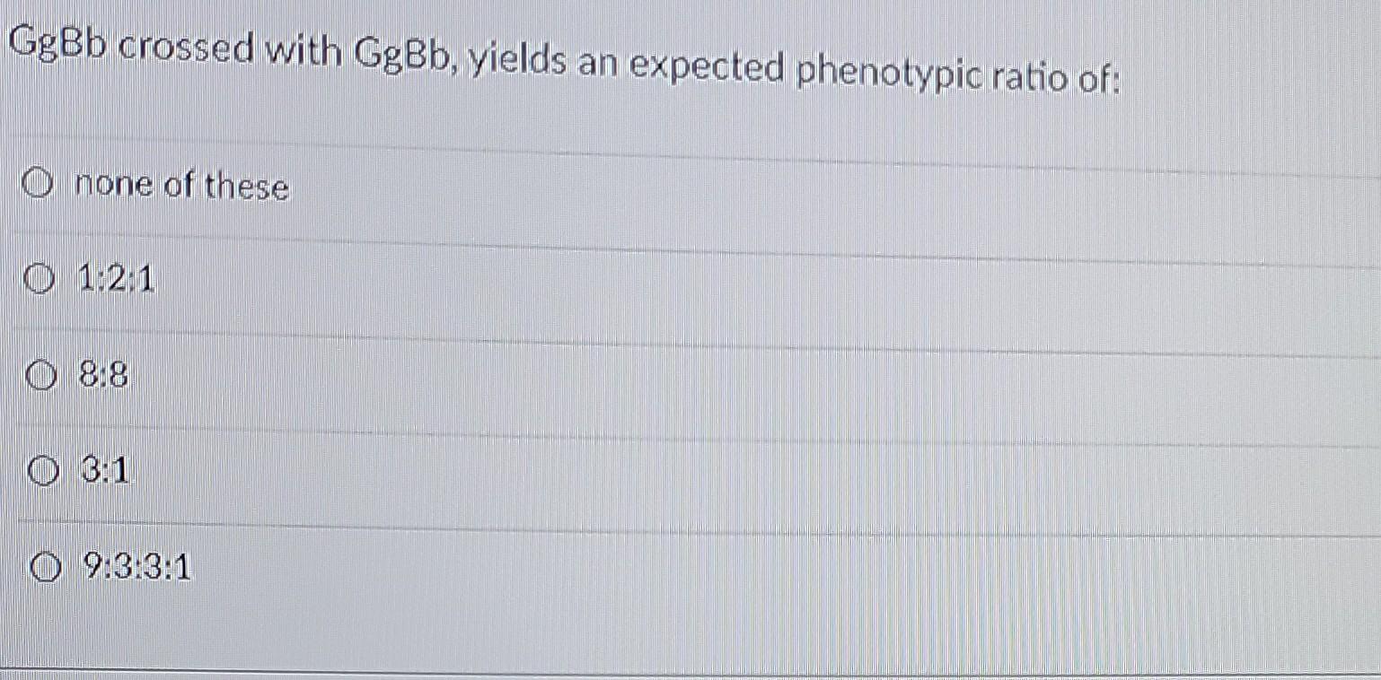 Solved GgBb crossed with GgBb, yields an expected phenotypic | Chegg.com