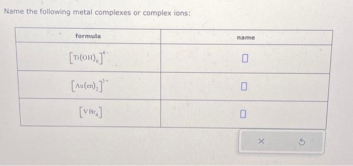 Solved Name the following metal complexes or complex ions: | Chegg.com