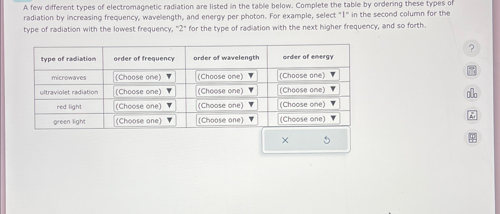 Solved A few different types of electromagnetic radiation | Chegg.com