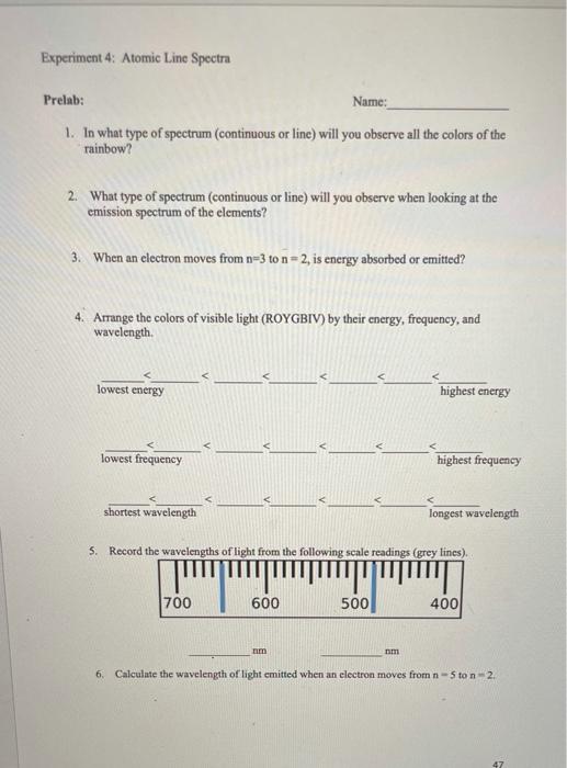Solved Experiment 4: Atomic Line Spectra Prelab: Name: 1. In | Chegg.com