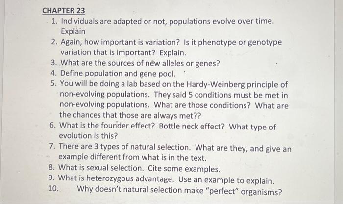 Solved 1. Individuals are adapted or not, populations evolve | Chegg.com