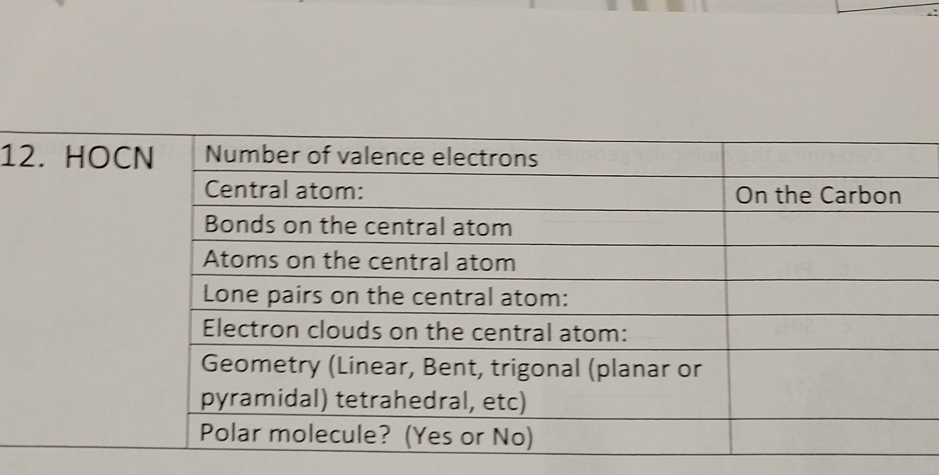 Solved 12. HOCN On the Carbon Number of valence electrons | Chegg.com