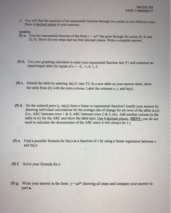 Solved MATH 153 UNIT 3 PROJECT 1. You will find the equation | Chegg.com