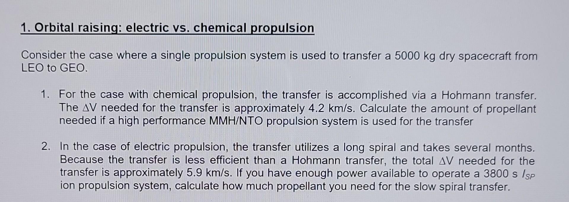 Solved 1. Orbital raising: electric vs. chemical propulsion | Chegg.com