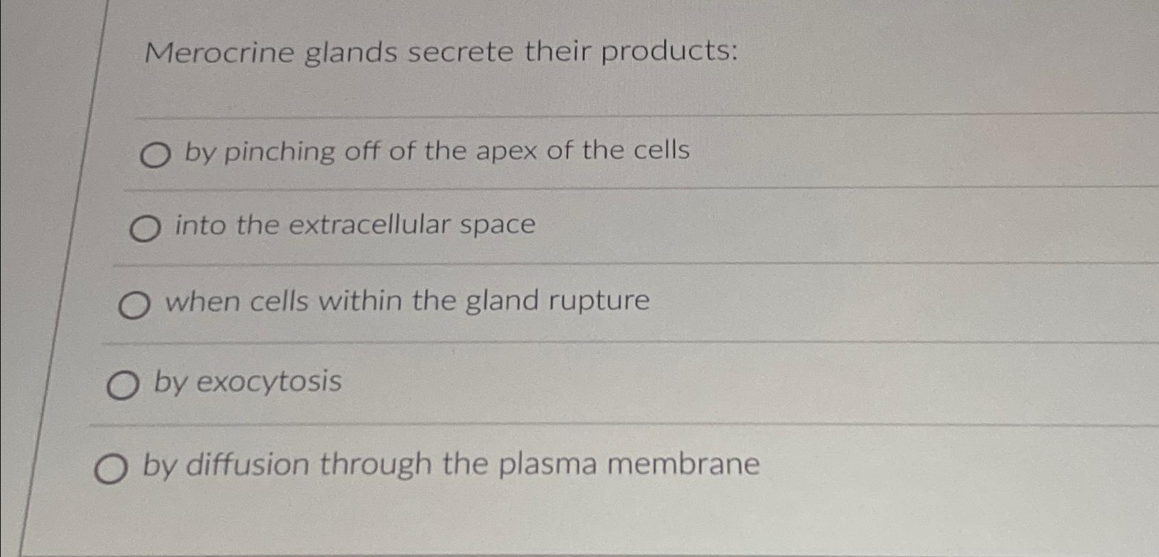 Solved Merocrine glands secrete their products:by pinching | Chegg.com