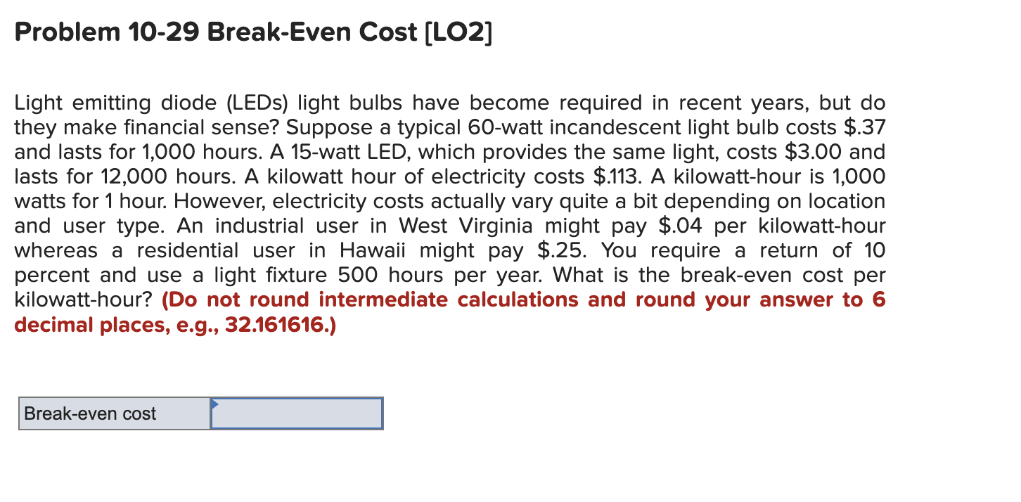 Solved Problem 10-29 ﻿Break-Even Cost [LO2]Light emitting | Chegg.com