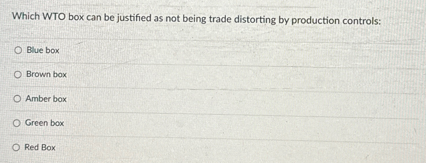 Solved Which WTO box can be justified as not being trade | Chegg.com