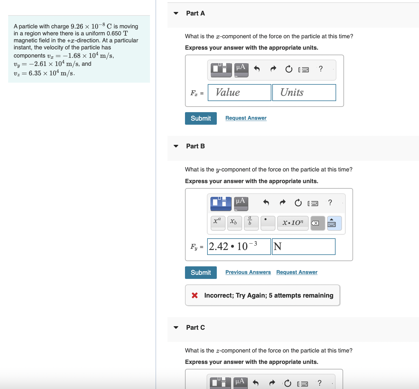 Solved Part AA particle with charge 9.26×10-8C ﻿is movingin | Chegg.com