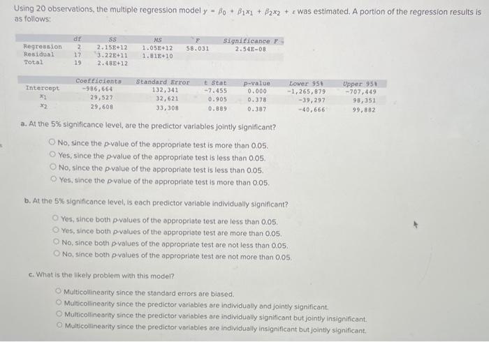 Solved Using 20 observations, the multiple regression model | Chegg.com