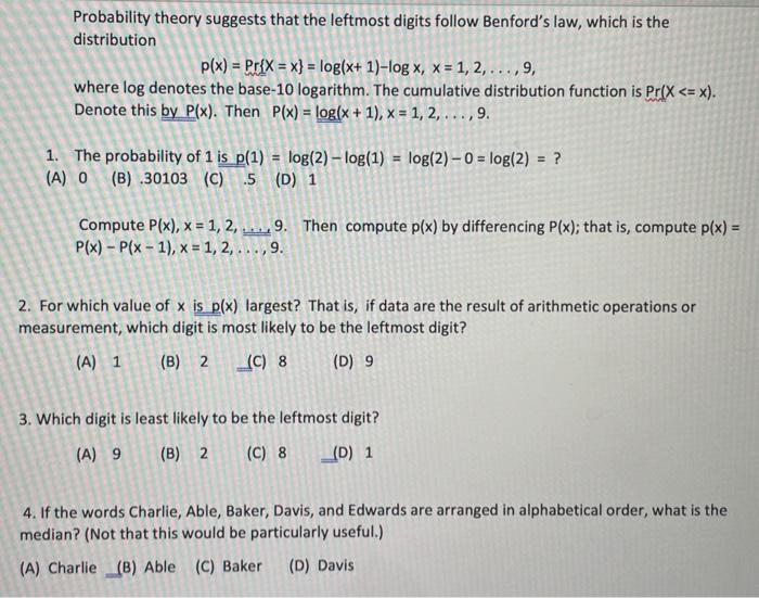 Solved Probability theory suggests that the leftmost digits | Chegg.com
