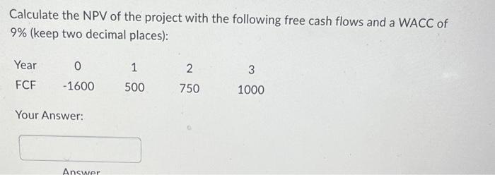 Solved Calculate the NPV of the project with the following | Chegg.com