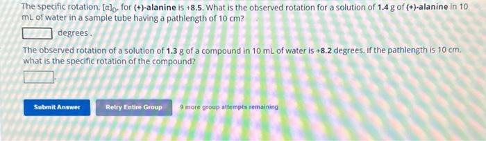 Solved The specific rotation, [α]D, for (+)-alanine is +8.5 | Chegg.com