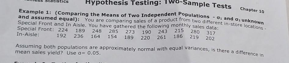 Solved Example 1: (Comparing the Means of Two Independent | Chegg.com