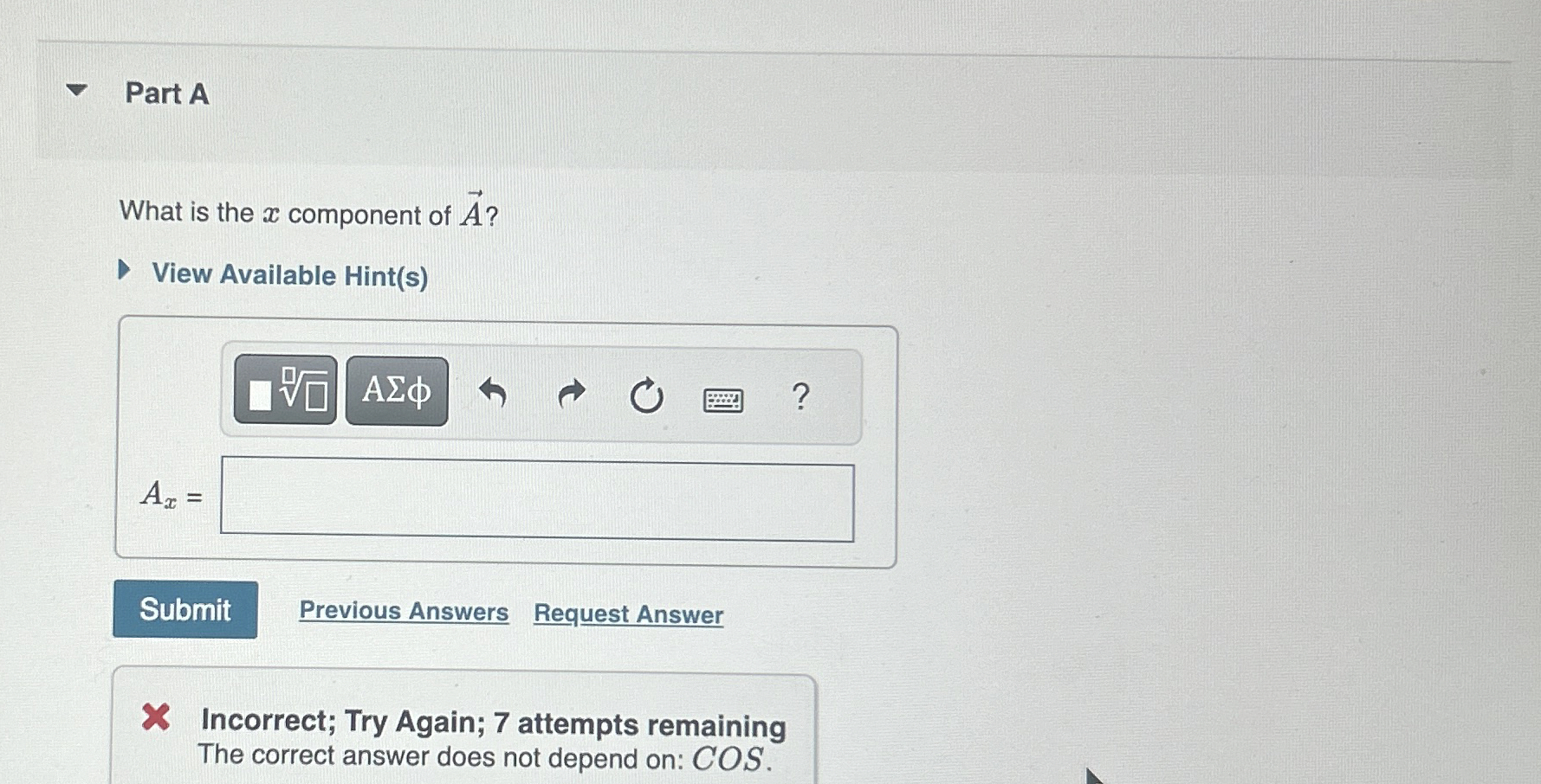 Solved Part AWhat is the x ﻿component of vec(A) ?View | Chegg.com