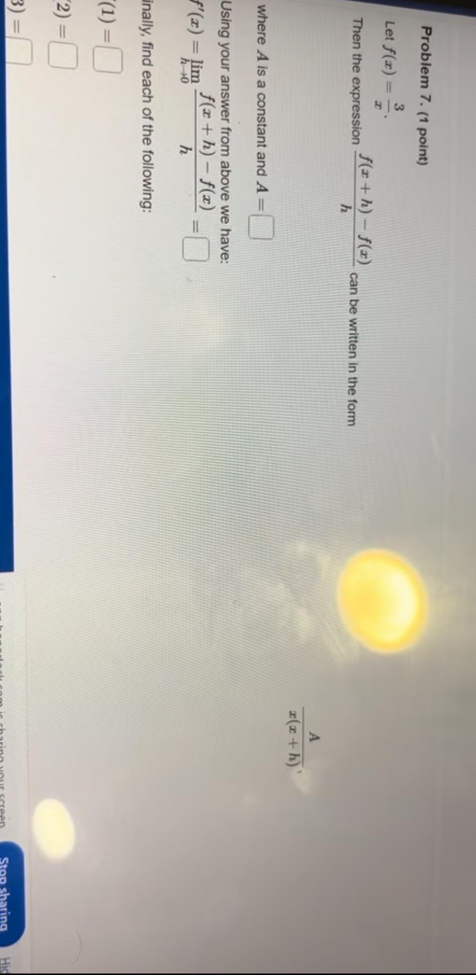 Solved Problem 7. (1 ﻿point)Let f(x)=3xThen the expression | Chegg.com