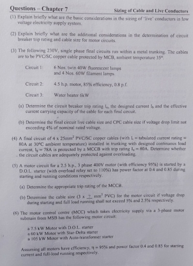 Solved Questions - ﻿Chapter 7Sizing of Cable and Live | Chegg.com
