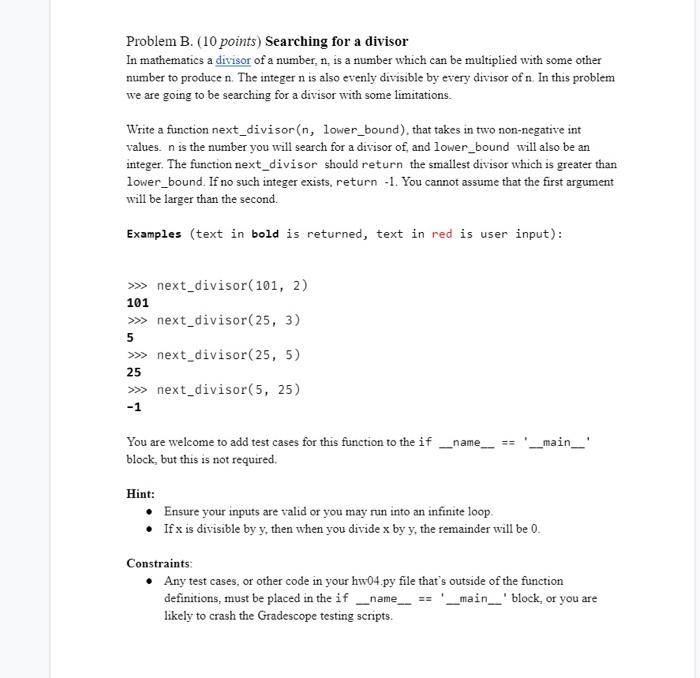 Solved Problem B. ( 10 points) Searching for a divisor In | Chegg.com Solved Problem B. ( 10 points) Searching for a divisor In | Chegg.com