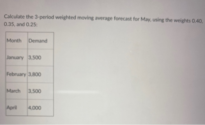 Solved Calculate the 3-period weighted moving average | Chegg.com