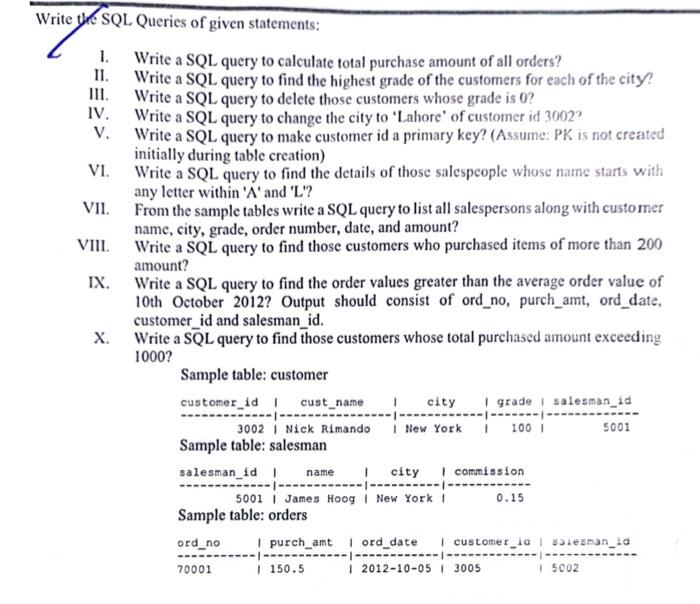 Solved 1. Write a SQL query to calculate total purchase | Chegg.com